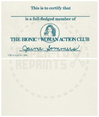 THE BIONIC WOMAN ACTION CLUB MEMBERSHIP CARD - VINTAGE REPRINT | eBay