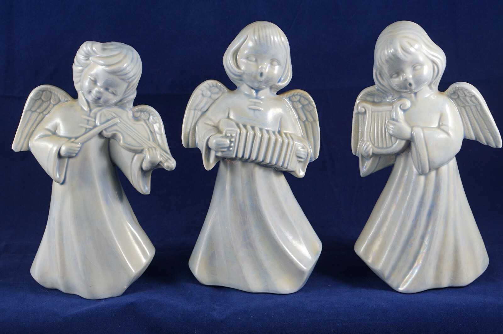 3 Vintage Ceramic Angels Musical Accordion Harp Violin Blue Iridescent ...