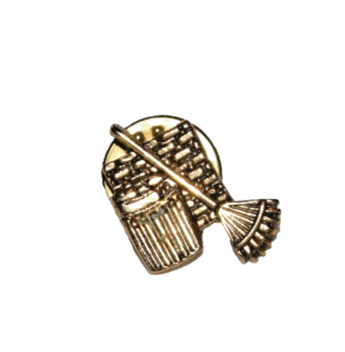 Vintage gold tone yardwork tie pin - brick wall, rake, garbage can w ...