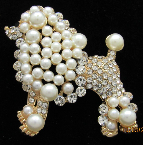 KENNETH J LANE KJL GOLD TONE PEARL & CRYSTAL POODLE PIN BROOCH NEW 3 ...