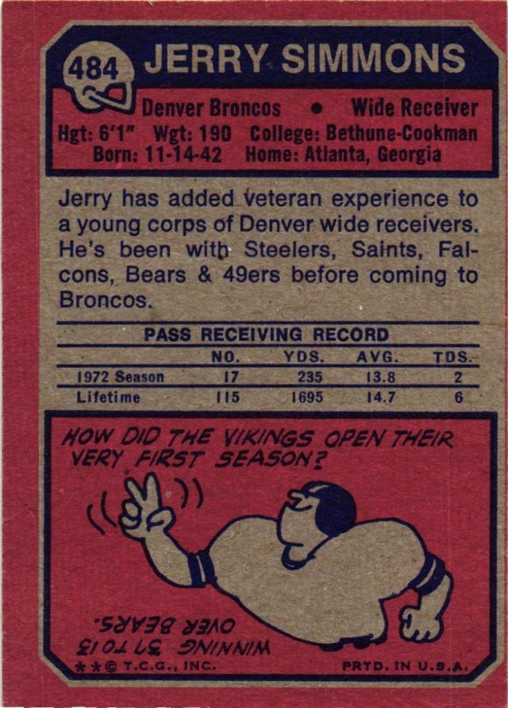 JERRY SIMMONS 1973 Topps Football #484 FREE SHIPPING B7R3S17P19 | eBay
