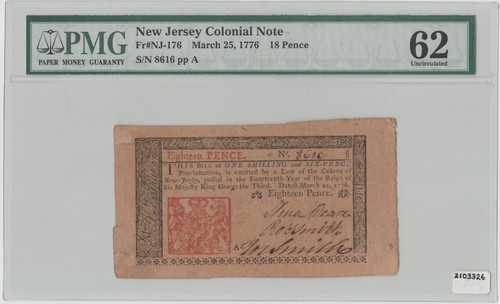 1776 New Jersey Colonial 18 PENCE, FR# NJ-176 - PMG Graded 62 | eBay