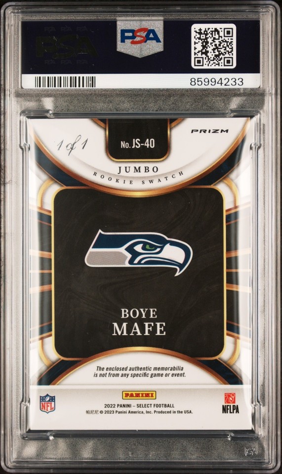 BOYE MAFE 2022 SELECT ROOKIE PATCH BLACK PRIZM NFL SHIELD 1/1 RC PSA 9 ...