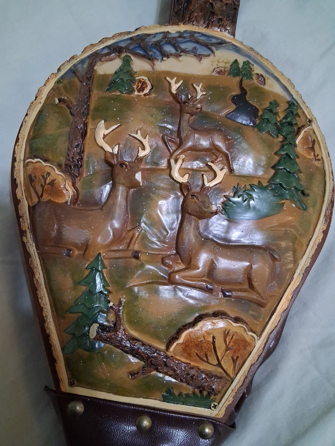 Fireplace Bellow 3D Carved Painted Deer Wood Brass Leather Bellows ...