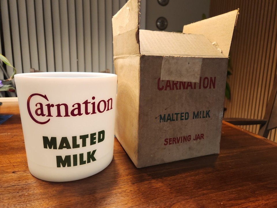 Vintage Carnation Malted Milk Advertising Milk Glass Jar Canister NEW ...