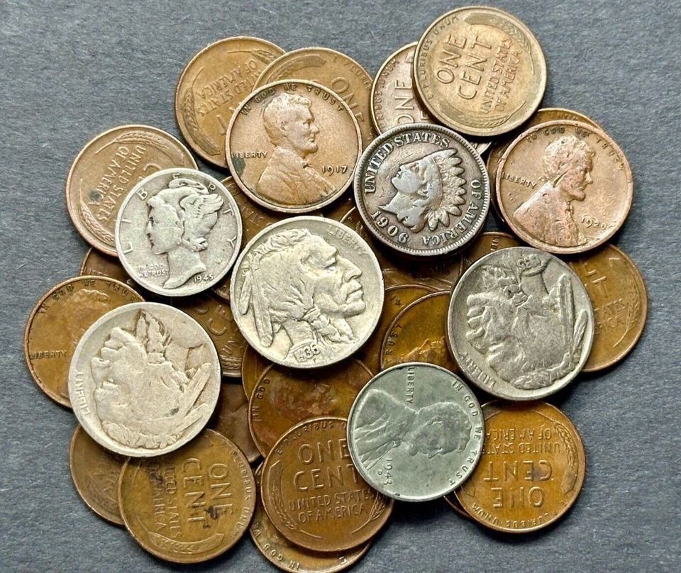 Estate Sale Lot 30 OLD Coins SILVER DIME BUFFALO NICKELS STEEL PENNY ...