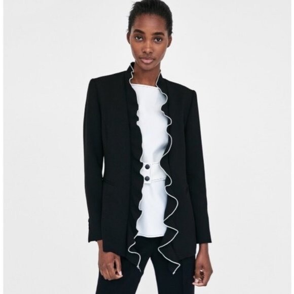 Zara Ruffled Blazer with Contrasting Piping Black Siz… - Gem