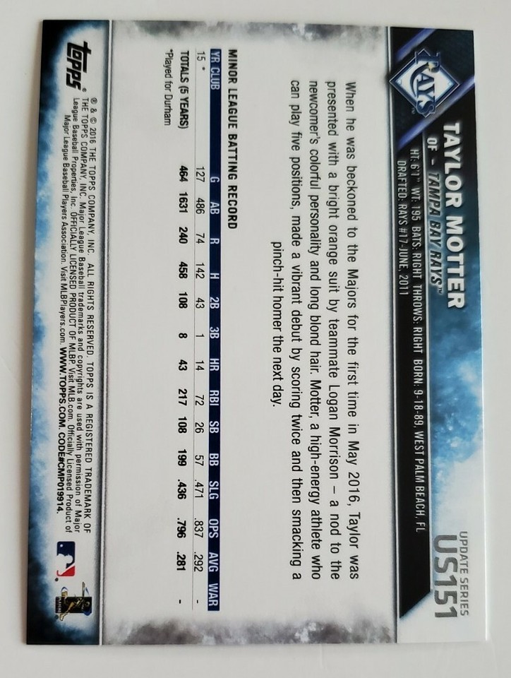 2016 Topps Update Taylor Motter Tampa Bay Rays #US151 RC | eBay