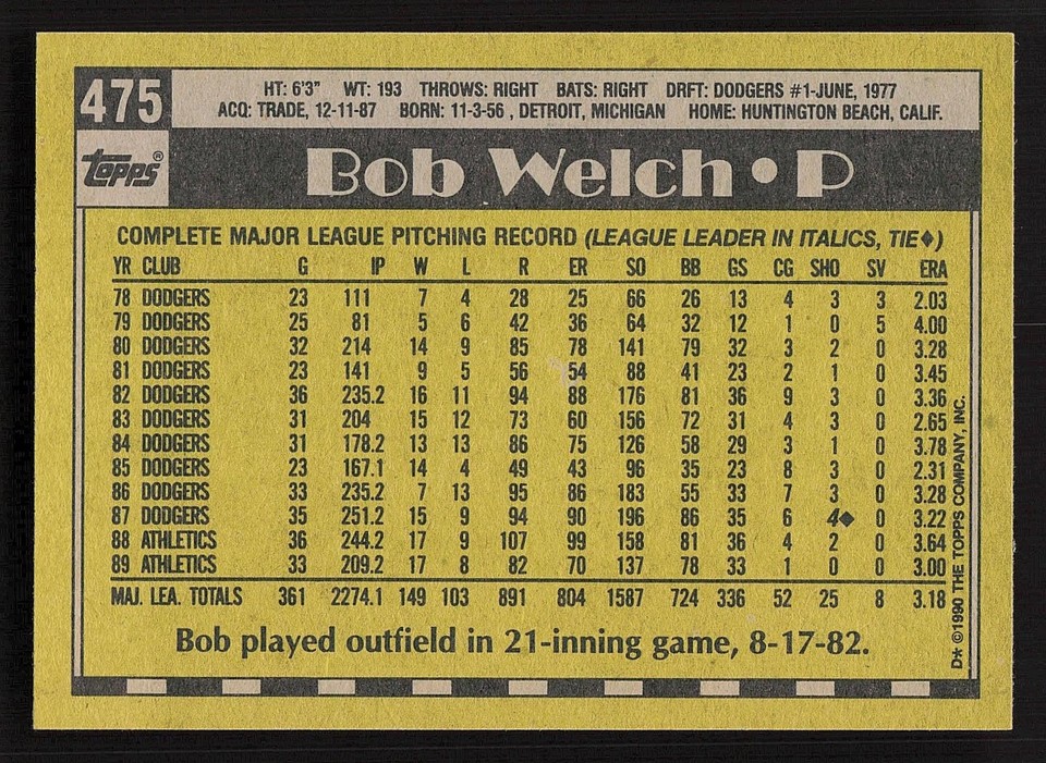 1990 Topps Bob Welch #475 Oakland Athletics | eBay