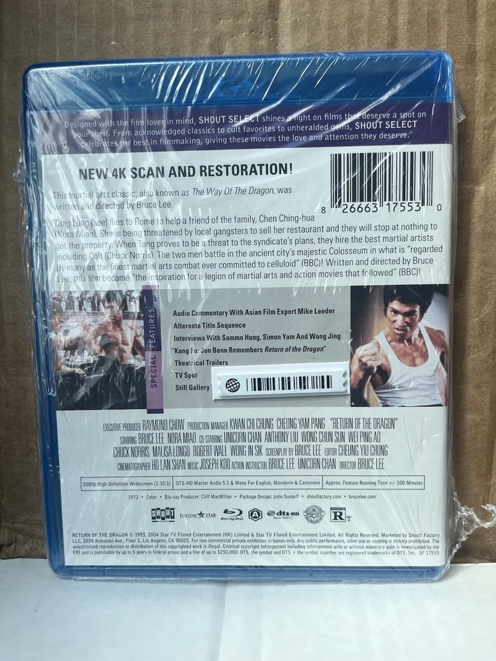 RETURN OF THE DRAGON 1972 Blu-Ray Shout Scream Factory Select USA Bruce ...