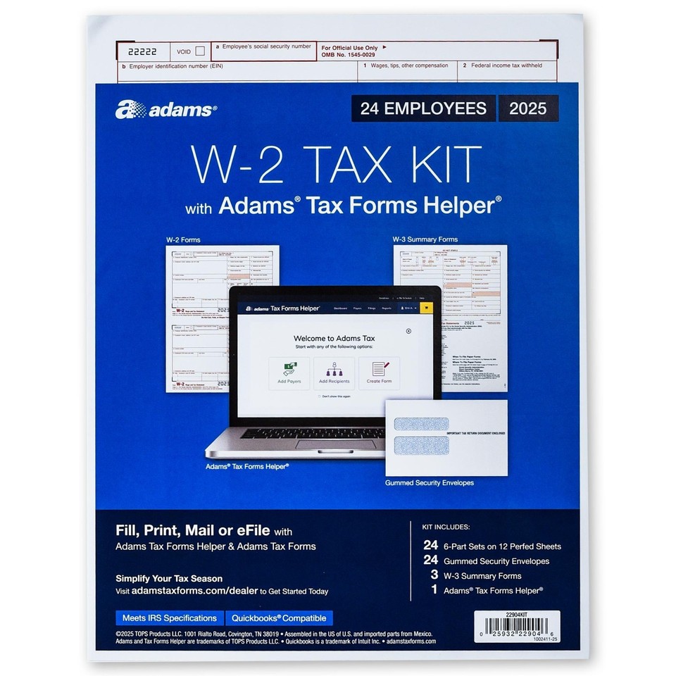 2025 Adams 22904KIT W2 Forms 6-Part with W3 Transmittal for 24 ...