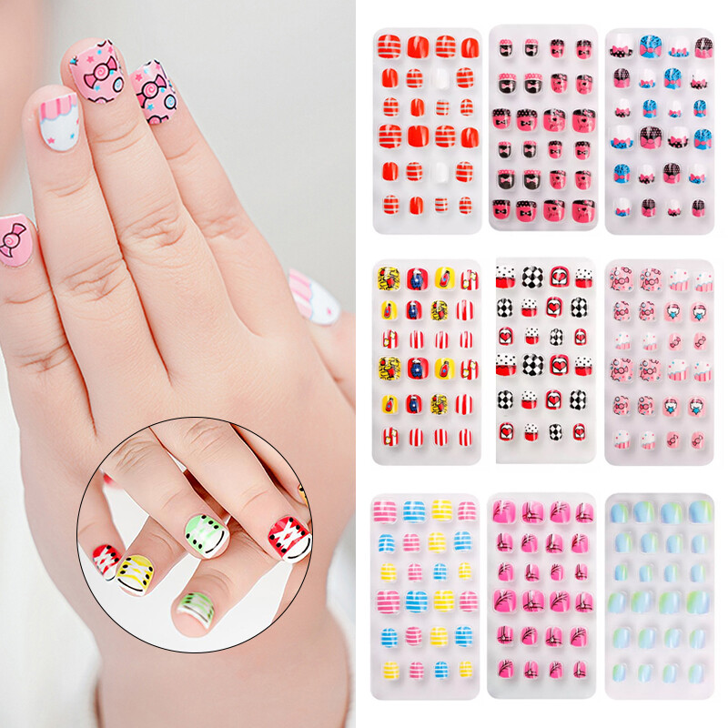 24Pcs Kids Childrens Girls Fake Stick Press On False Finger Nail Cover ...