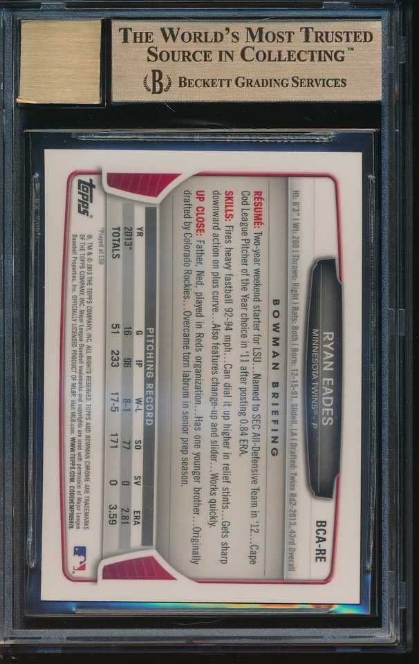 2013 Bowman Draft Ryan Eades Chrome Auto BGS 9.5 Gem Mint Autograph | eBay
