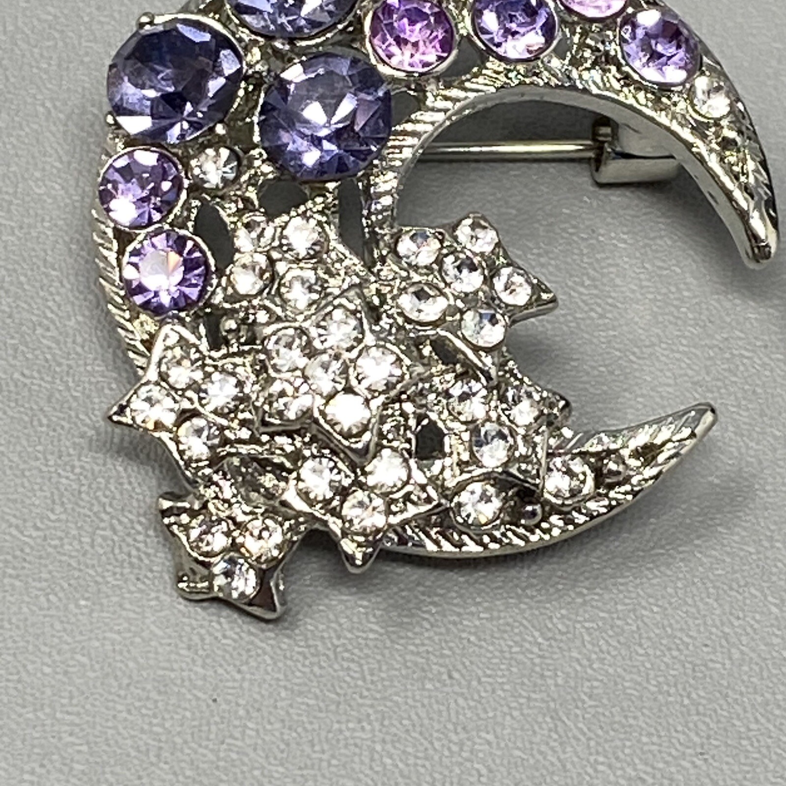 Half Moon Brooch Pin Pink Purple Glass Pave Rhinestones Stars Celestial ...