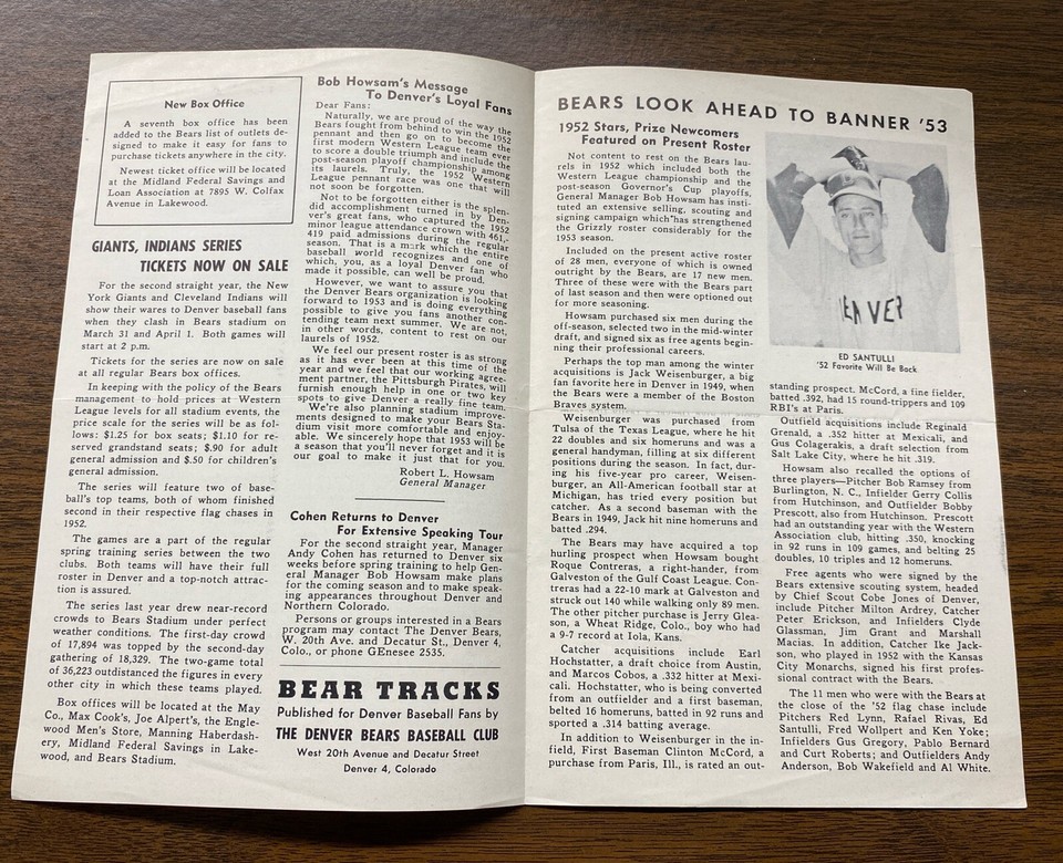 RARE 1953 Western League Baseball Denver Bears "Bear Tracks" Newsletter ...