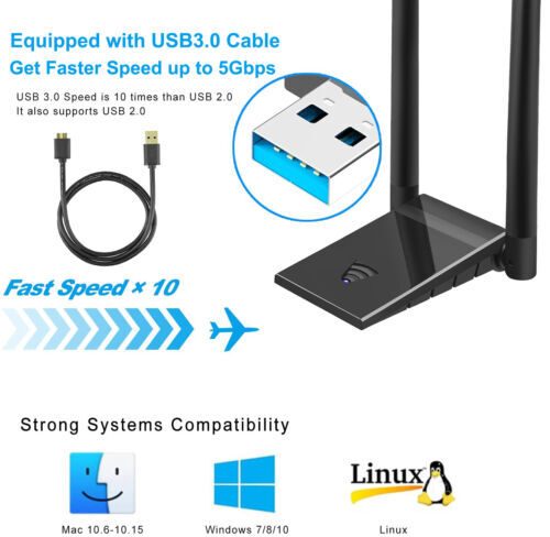 1300Mbps Long Range WiFi Adapter Antenna Dual Band 5GHz Wireless Dongle ...