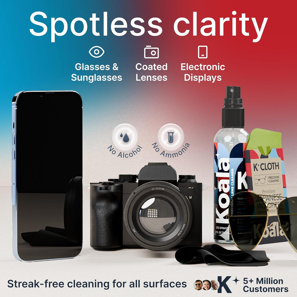 Koala Eyeglass Lens Cleaner Spray Kit: 2 Bottles + 2 Microfiber Cloths ...