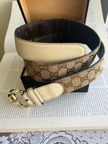 Gucci Logo Pattern Belt Beige Brown Gold Tone Buckle Made in Italy ...
