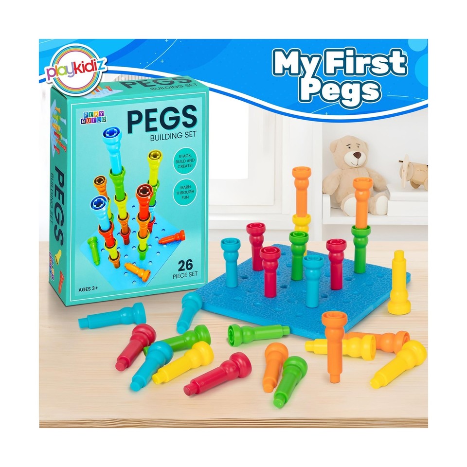 Play Build Peg Board Toy for Kids, 25 Colorful Pegs with Foam Board ...