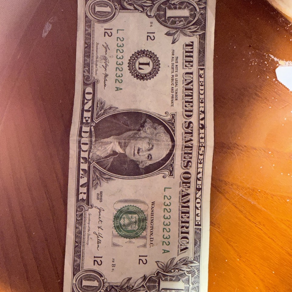 $1 2021 Radar Serial Number Federal Reserve Bank Note 23233232 binary ...