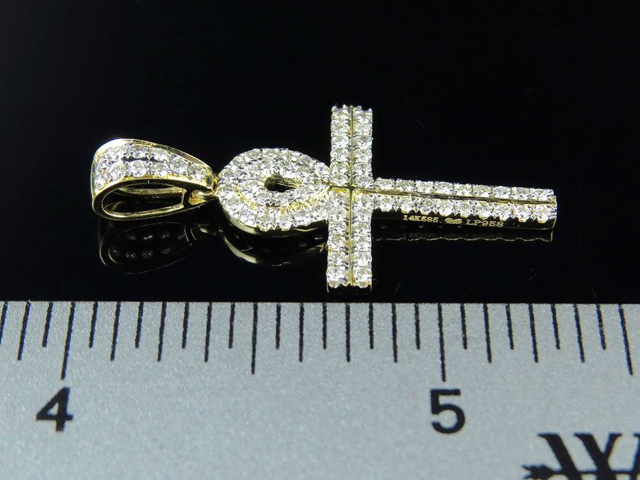 10K Yellow Gold Ankh Cross Two Row Genuine Diamond 1.5 Inch Pendant ...