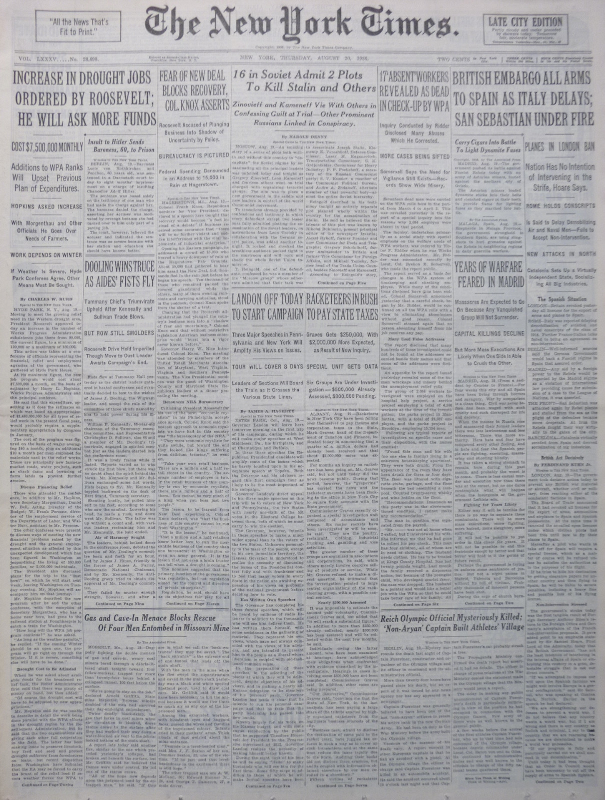 8-1936 August 20 BRITISH EMBARGO ALL ARMS TO SPAIN AS ITALY DELAYS. JOE ...