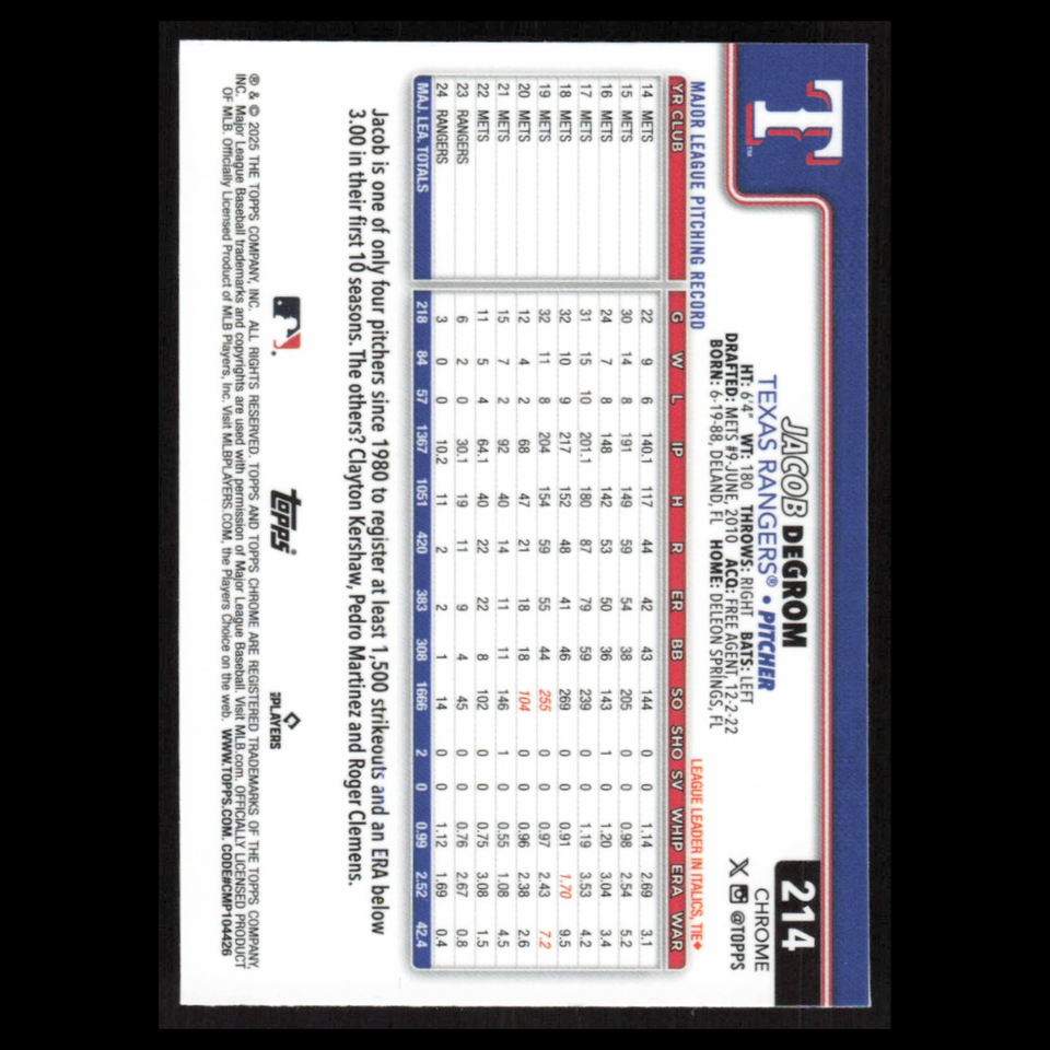 Jacob deGrom #214 2025 Topps Chrome xfractor Texas Rangers Baseball ...
