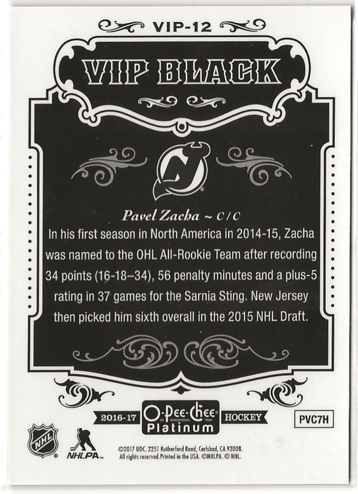 2016-17 O-Pee-Chee Platinum VIP Black #VIP12 Pavel Zacha New Jersey Devils | eBay