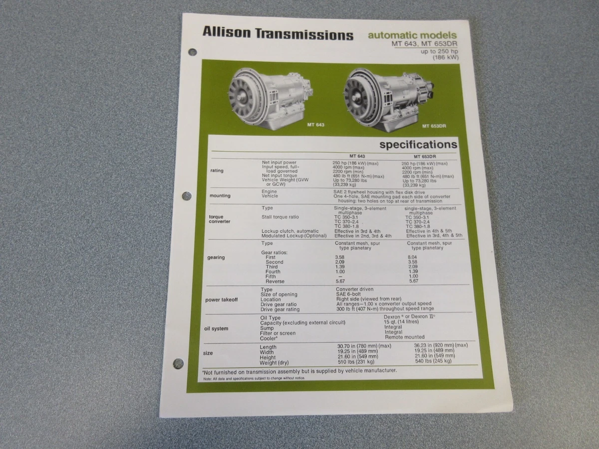 Allison Transmissions Automatic Models MT643, MT653DR Up To, 47% OFF