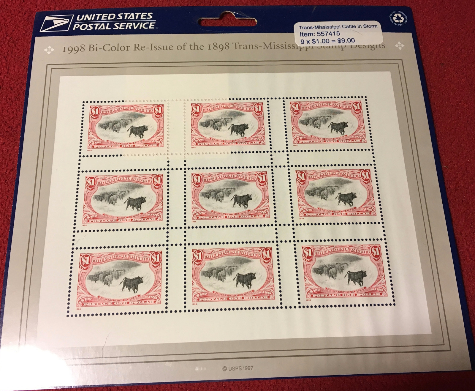 Sheet 1998 Bi-Color Re-Issue of Trans-Mississippi Stamp Designs $1.00 ...