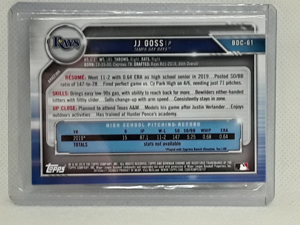 JJ Goss 2019 Bowman Draft Baseball - Chrome 1st #BDC-61 - Tampa Bay ...