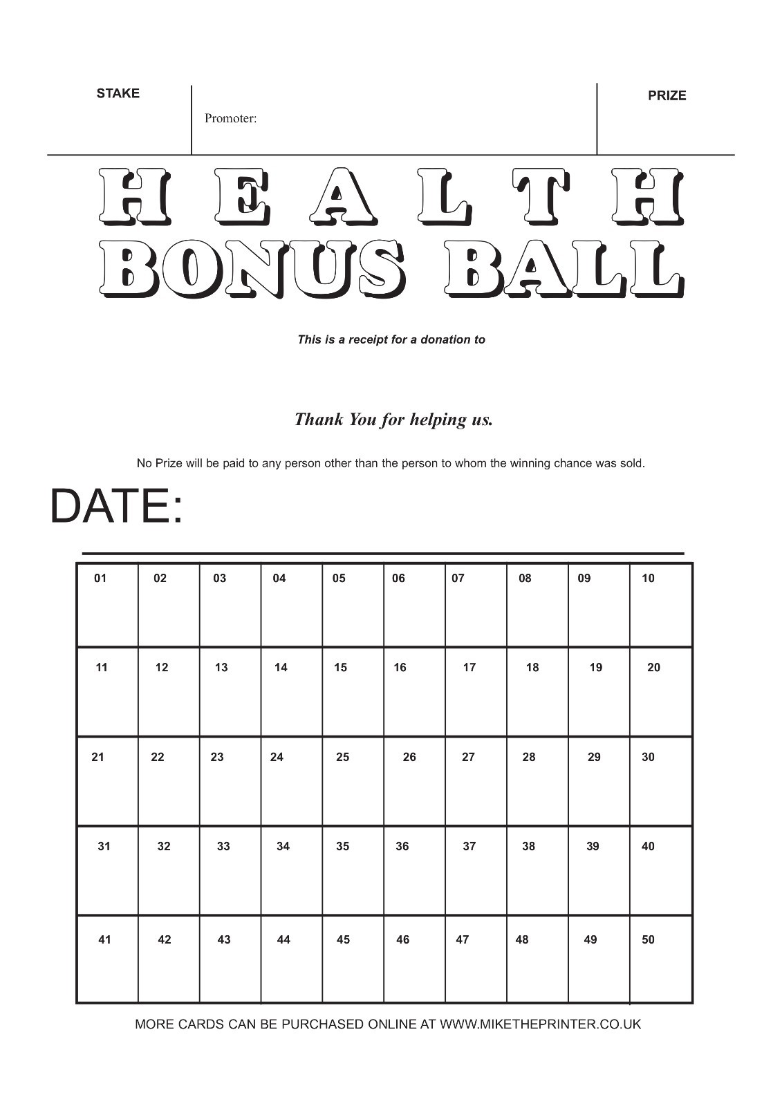 10 Health Bonus Ball Cards - A4 printed on Card - 50 spaces - for ...