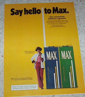 1976 vintage print ad - Max Cigarettes cute lady smoking -say hello to ...