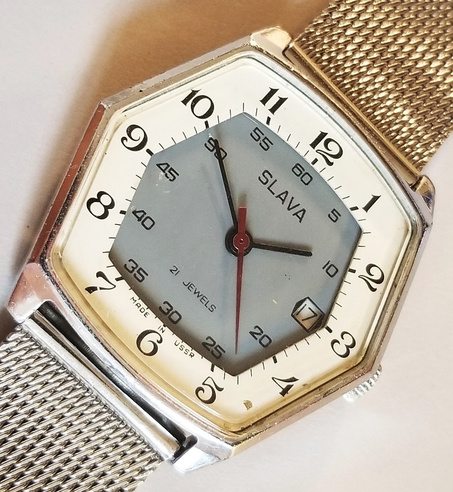 SLAVA CCCP SOVIET UNION MADE VINTAGE RARE 34MM HEXAGON CASE WIND UP MEN ...