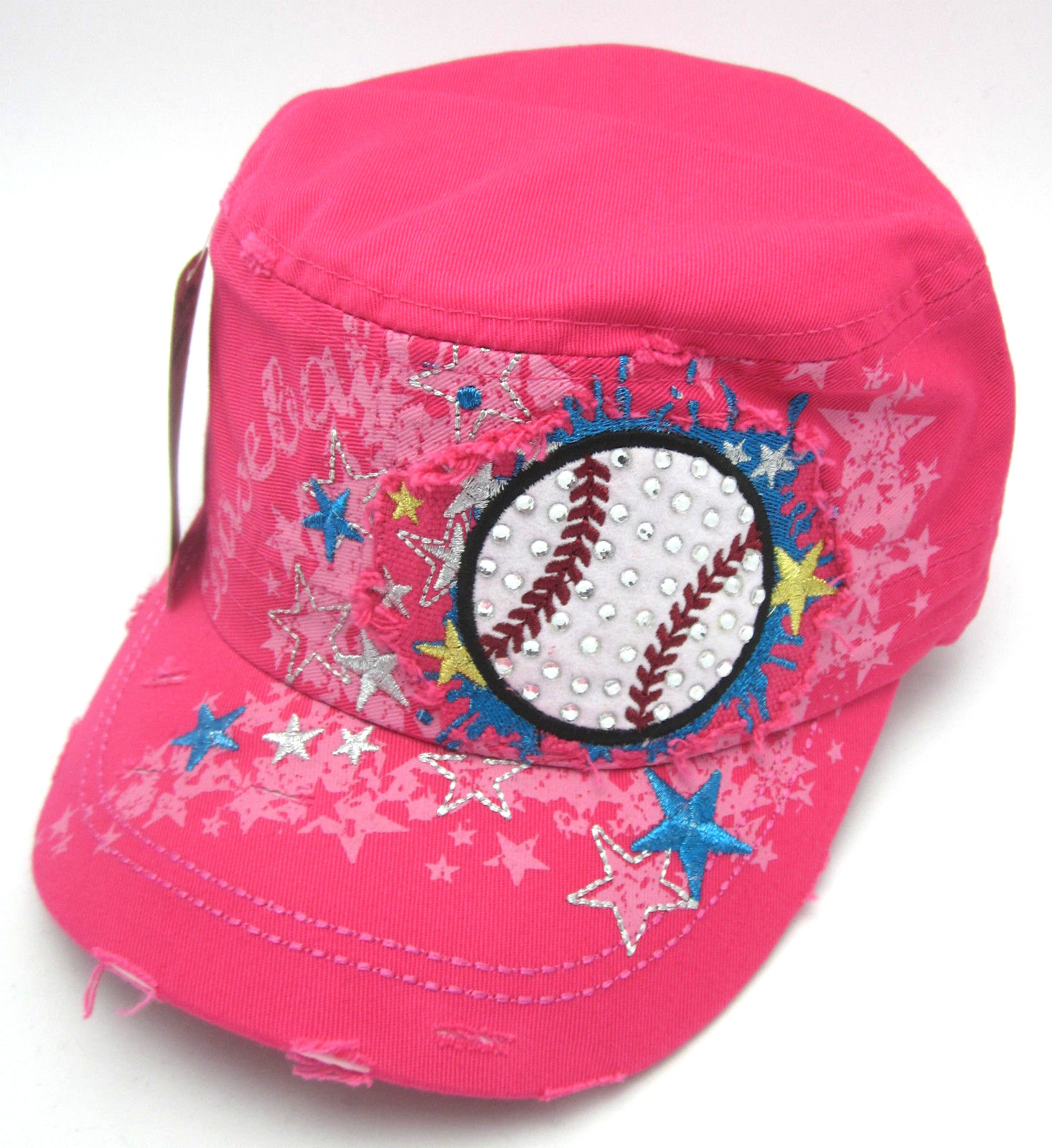 Womens Pink Military Cadet Cap Hat Rhinestone Baseball Stars Distressed ...