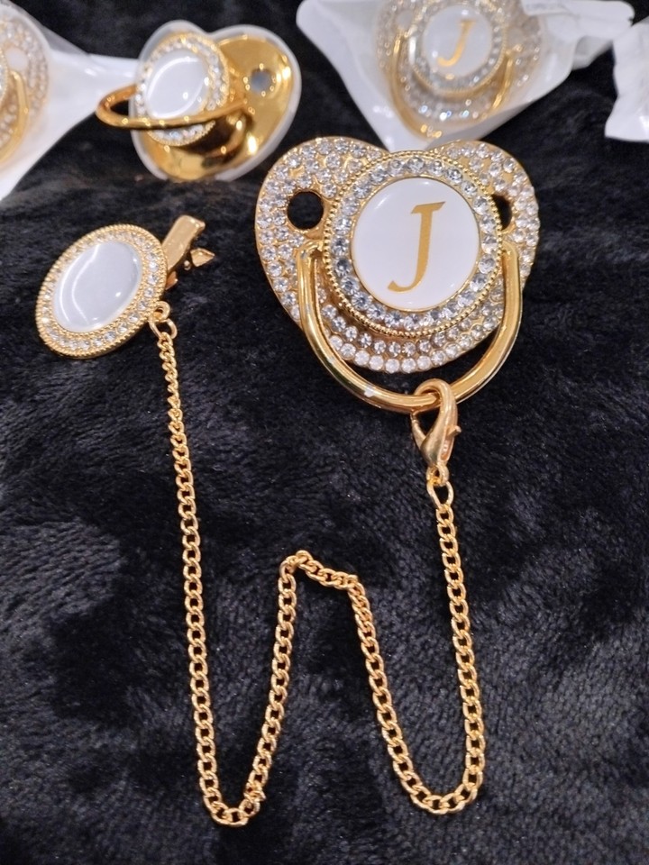 Gold Baby Dummy Personalised With Letter J ClearGem Encrusted With ...
