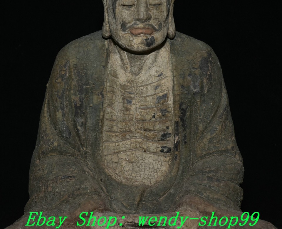 12" Old Chinese Wood lacquerware Painting Seat Arhat Damo Luohan Buddha ...