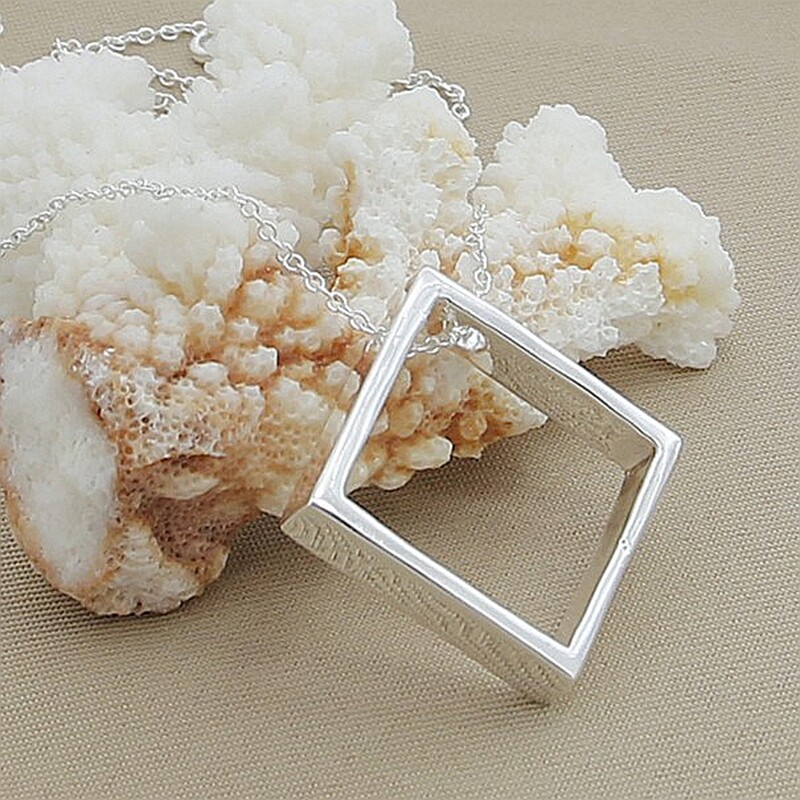 Stylish 925 Sterling Silver Hollow Square Pendant Necklace Chain ...