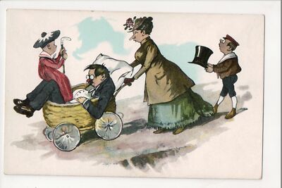 I-327 Woman Pushing Man in Stroller Drunk German Artist Signed Drinking ...