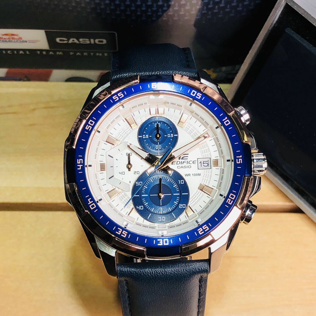 EFR-539L-7CV CASIO EDIFICE Chronograph Ion Plated Bezel Navy Leather ...