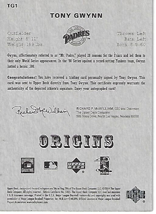 2005 Tony Gwynn Autographed Upper Deck Origins Signatures Card Number ...