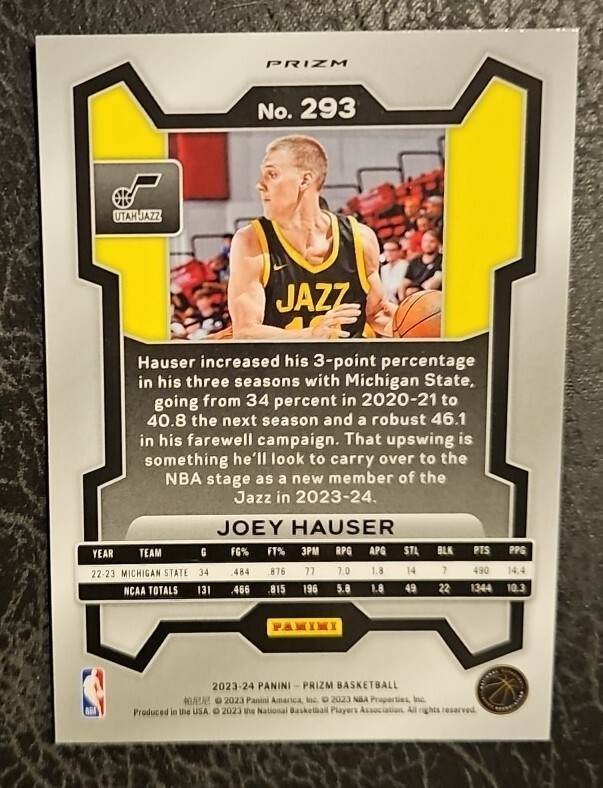 Joey Hauser 2023-24 Panini Prizm Green Prizm Rookie Card RC #293 Utah ...