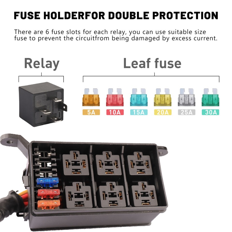 12V 6-Way Relay Fuse Box Pre-Wired 6 Slot ATC/ATO Fuse Universal Relay ...