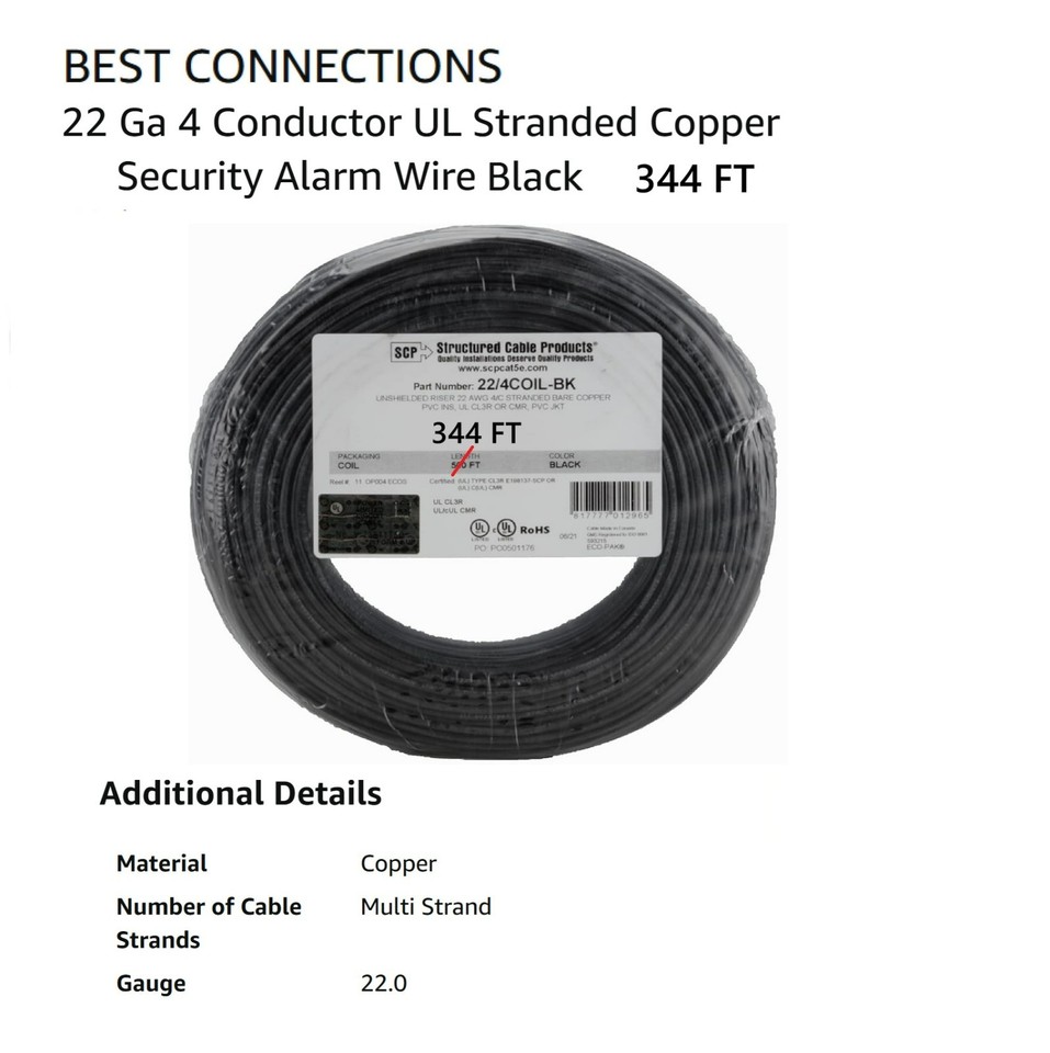 Best Connections 22/4Coil Black 4 Conductor UL Stranded Cooper SA Wire ...