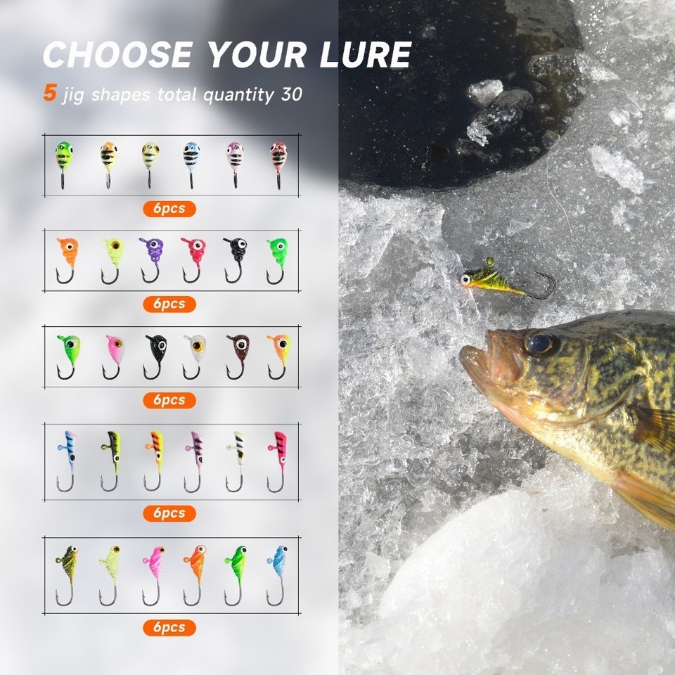 30pcs Ice Fishing Jigs with Carbon Steel Hooks Hard Lures for Bass and ...