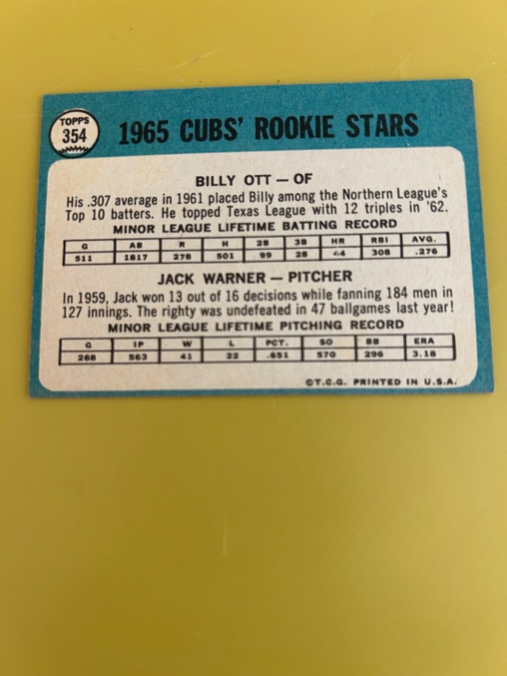 1965 TOPPS #354 Cubs Rookie Stars Billy Ott and Jack Warner EXMT | eBay