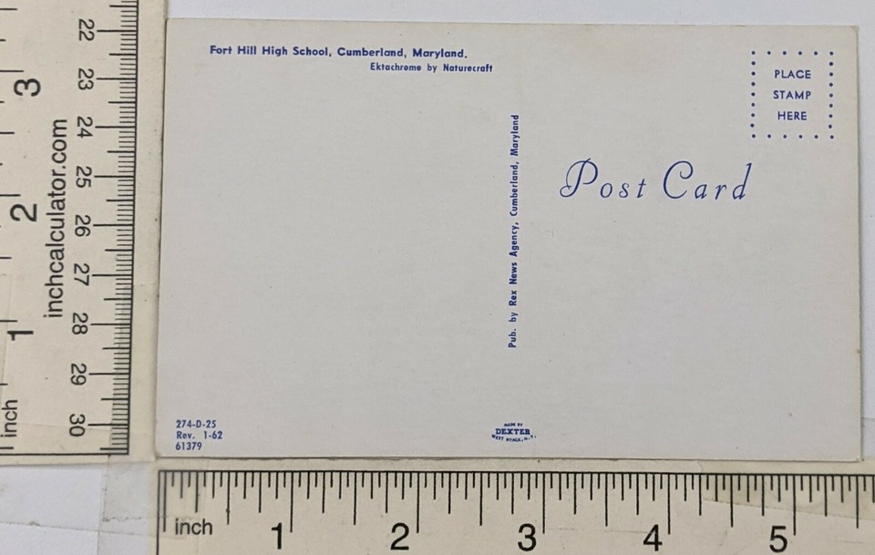 1950s Cumberland Maryland MD Fort Hill High School Sentinels Postcard ...