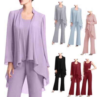 Womens Solid Color Pant Suit Chiffon Tank Top Cardigan And Pants Set ...