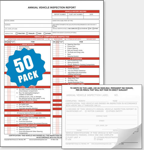 50-Pk. Annual Vehicle Inspection Report Form (Snap-Out Format, 3-Ply ...