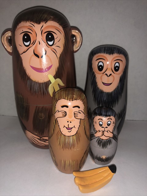 Nesting Monkeys Hand Painted Wooden Dolls Matryoshka Set of 5 From 6 ...